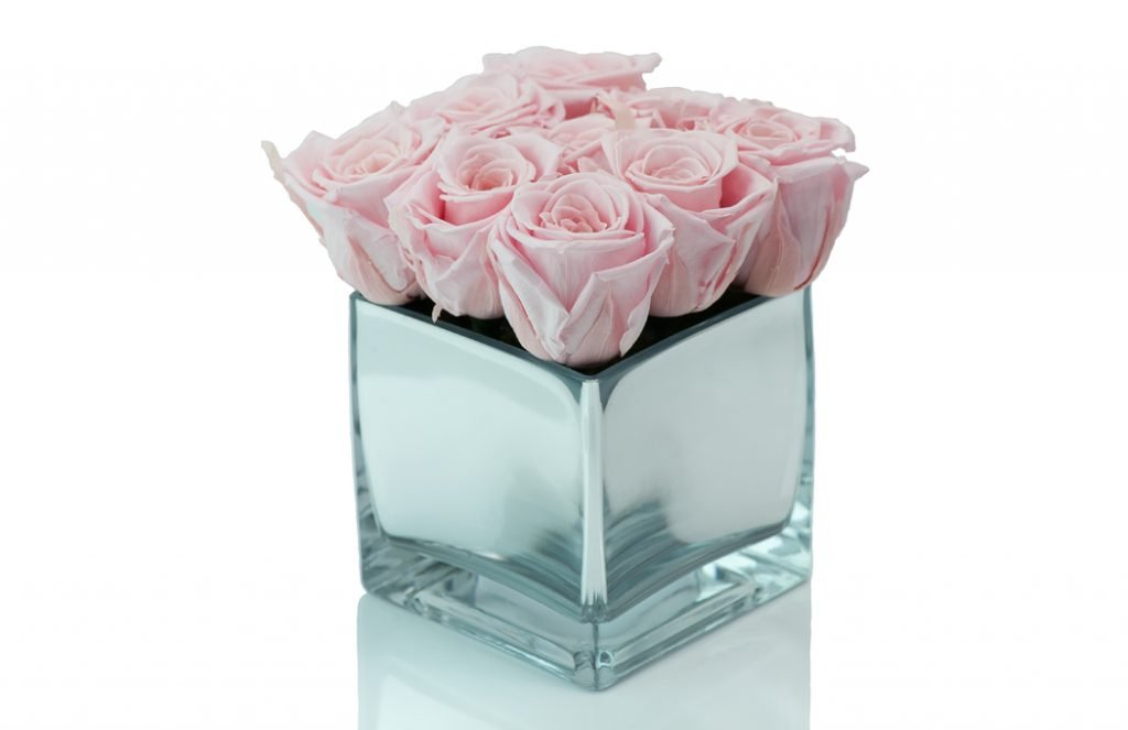 Pink Forever Roses in a Cube Vase -AmbienceDecoJM